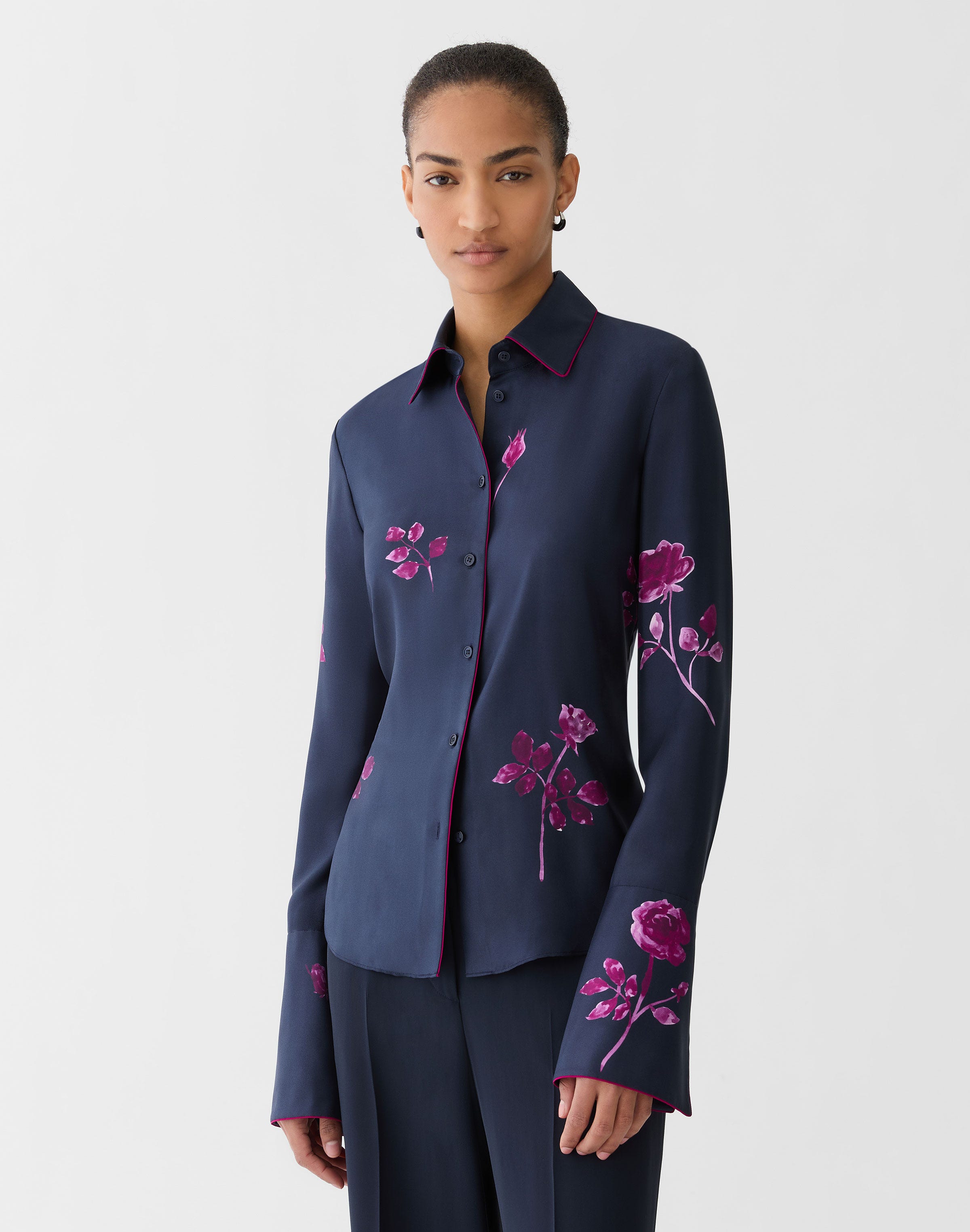 LAFAYETTE 148 NEW YORK Lafayette 148 New York Rose Print Silk Twill French Cuff Blouse